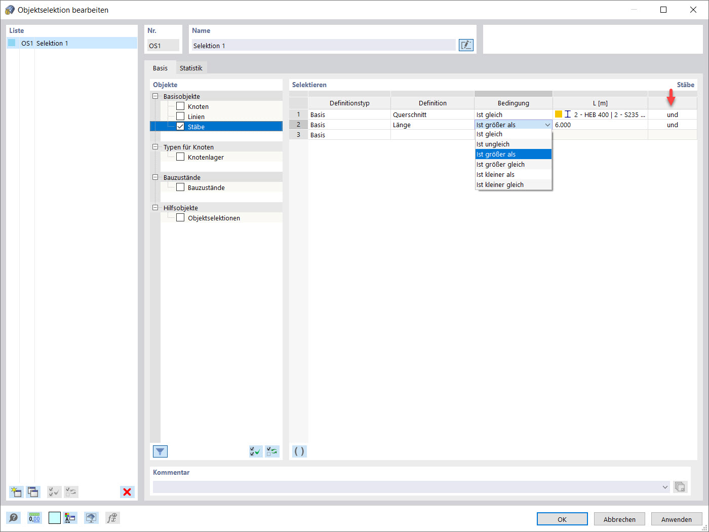 Dialog "Objektselektion bearbeiten"