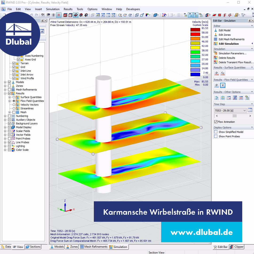 Karmansche Wirbelstraße in RWIND | Dlubal Software