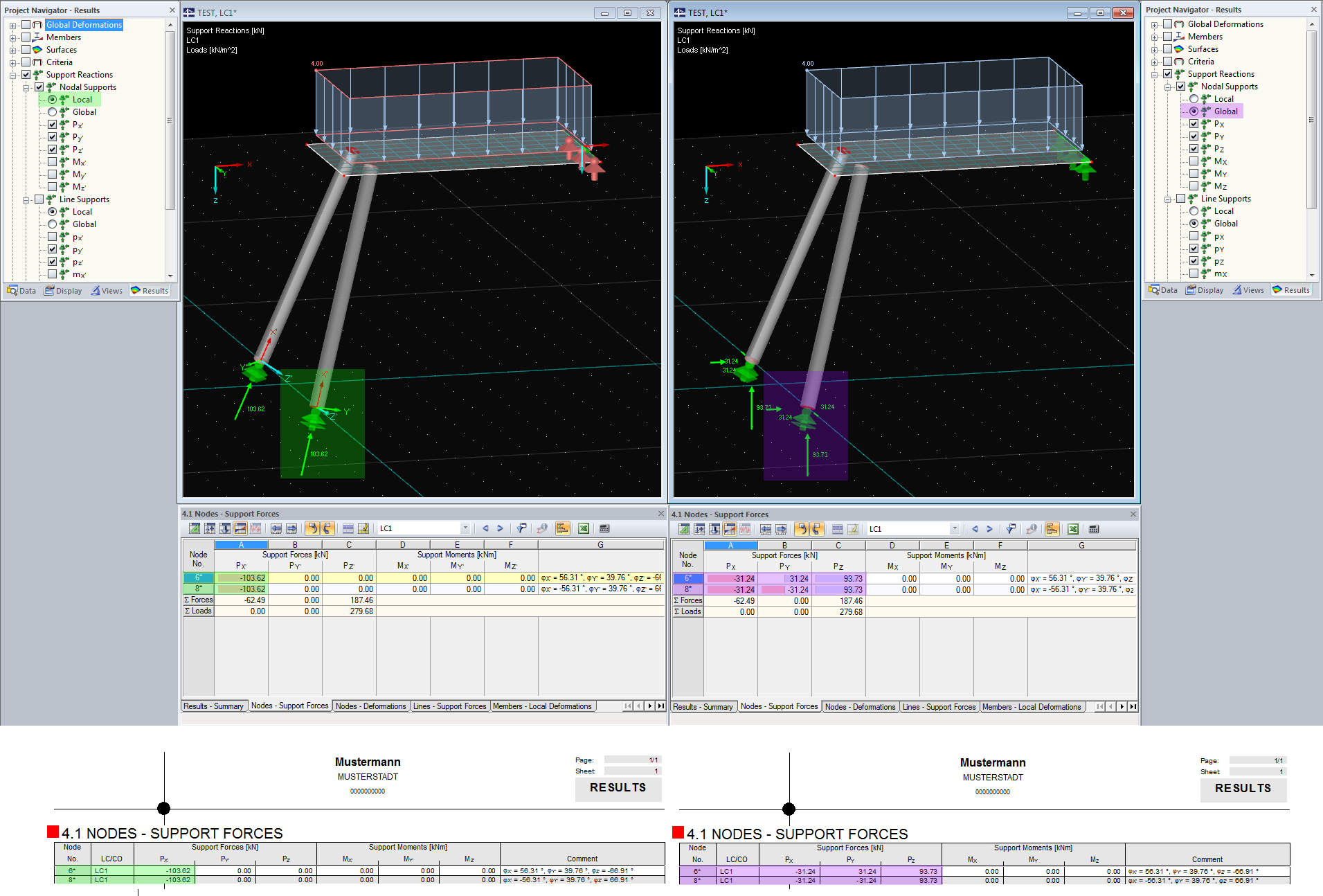 Rotated Nodal Support: Display and Results in Printout Report