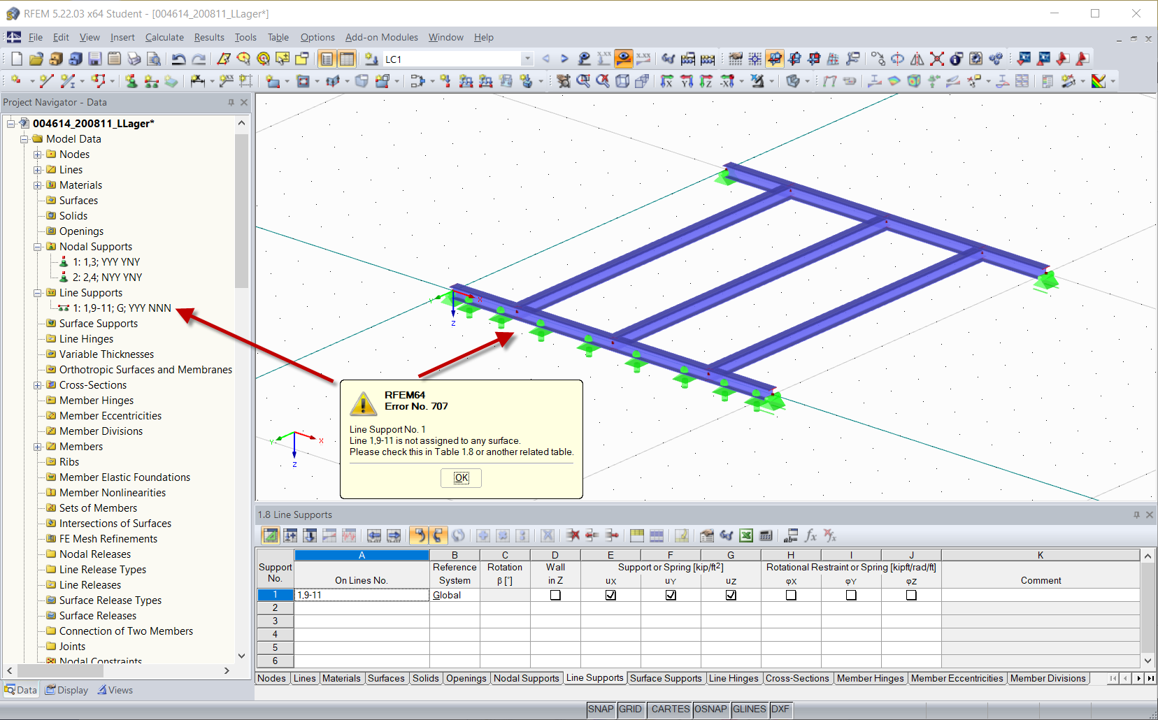 Error Message for Line Support: No Surface Assigned