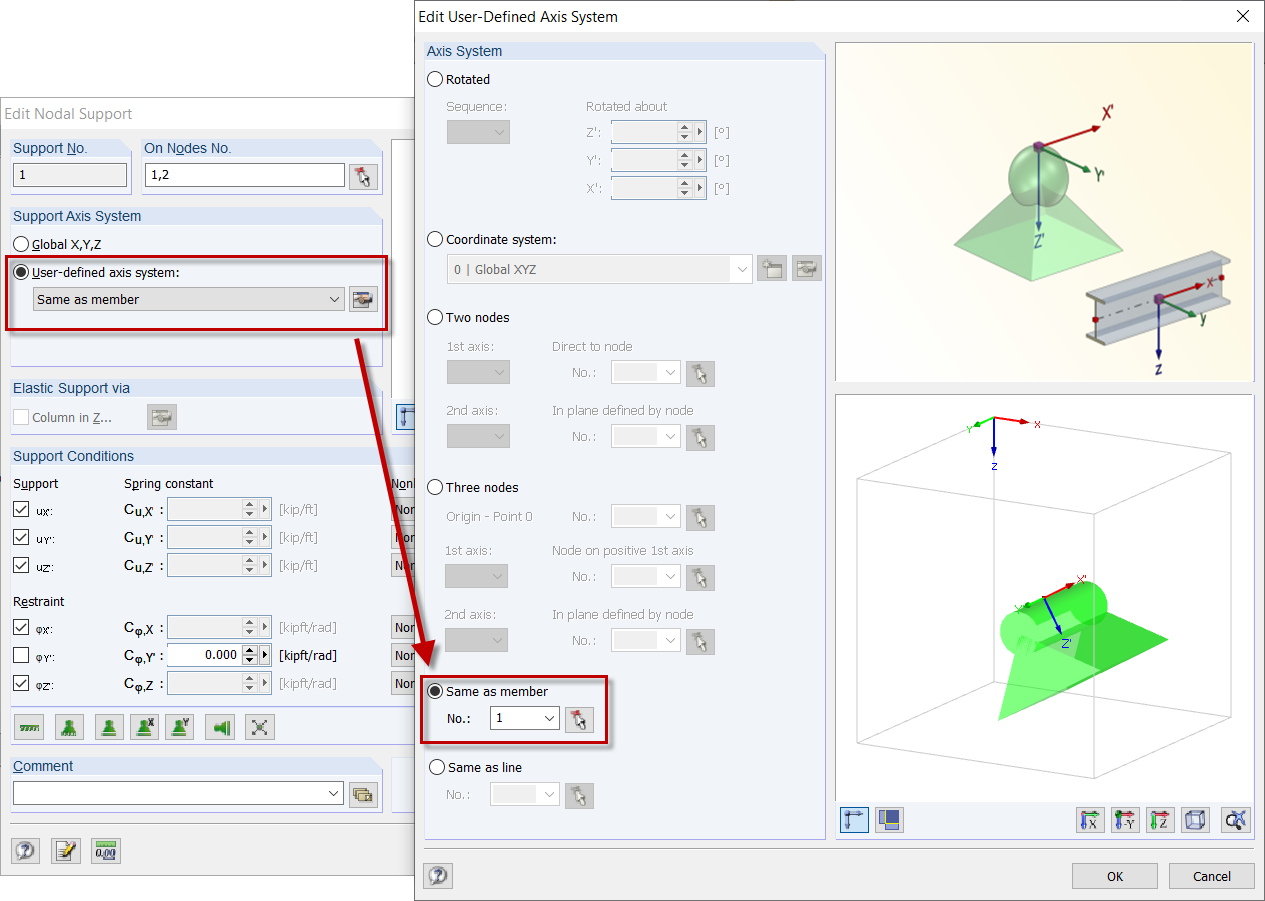RFEM 5 / RSTAB 8 | Alignment of Nodal Supports on Specific Member Axis
