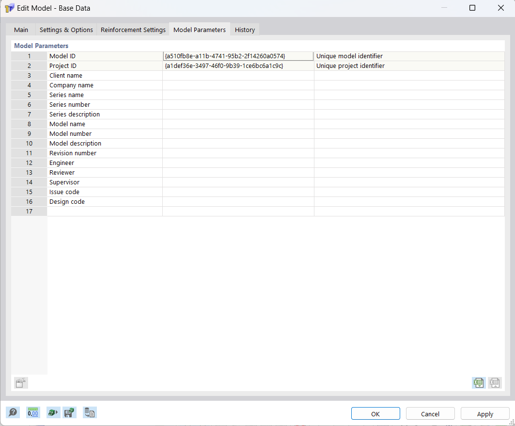 Tab "Model Parameters" in Dialog Box "New Model - Base Data"