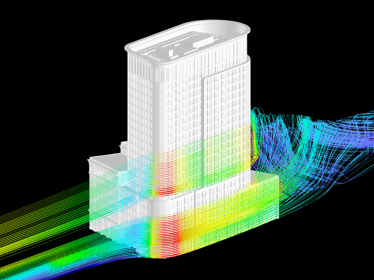 Liberty Mutual Tower and Wind Streamlines from Wind Simulation Program ...
