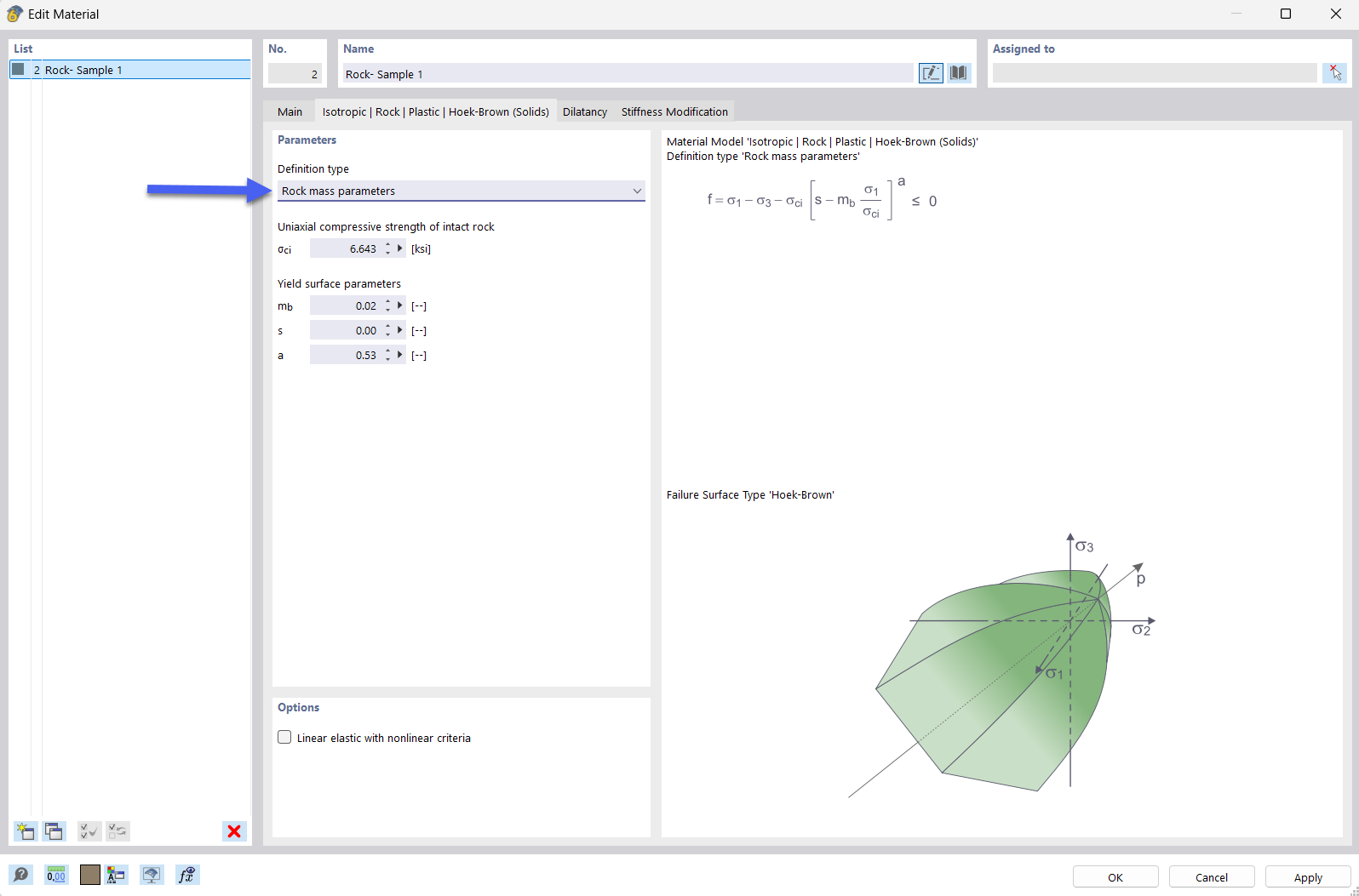 Input Dialog Box of Hoek-BROWN Model – Empirical Values