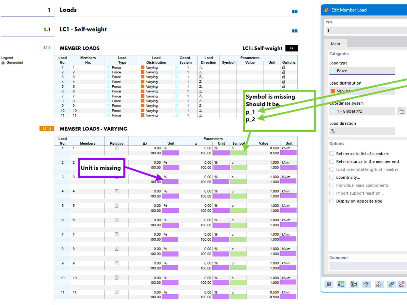 Generated Member Loads – Added Error Symbol and Unit