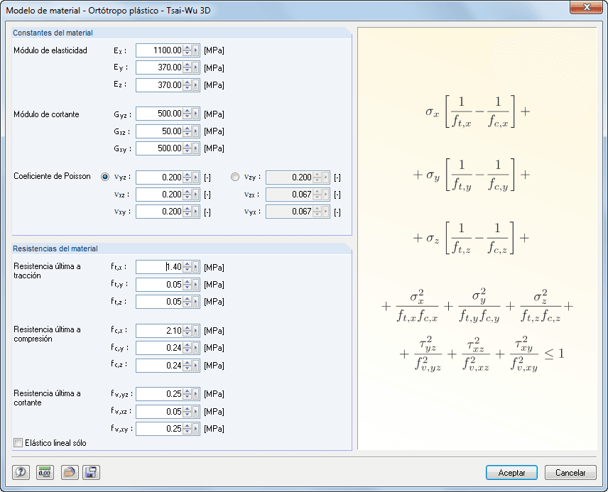 Modelo de material Orthotropic Elastic-Plastic 3D (Tsai-Wu 3D)