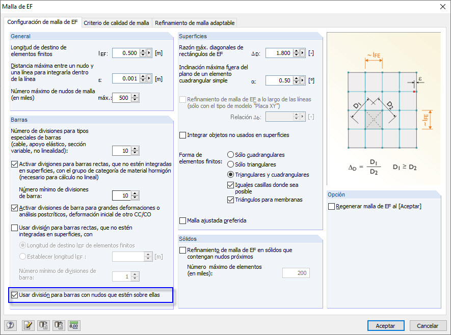 Configuración de malla de elementos finitos (EF) en RF-GLASS