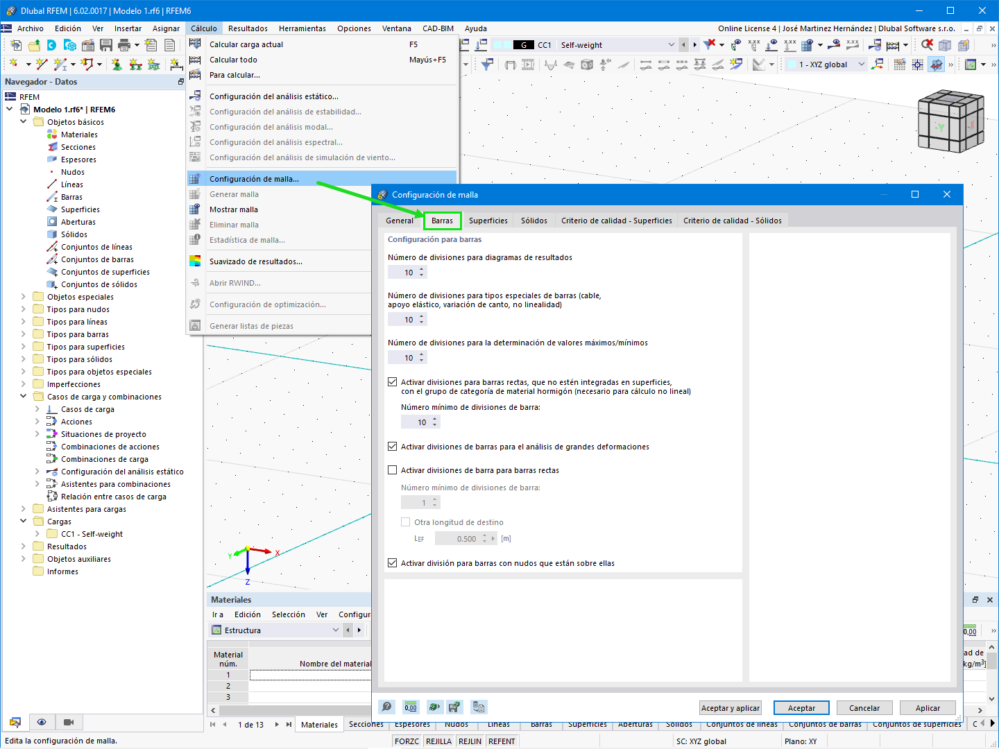 Configurar barras en la configuración de malla